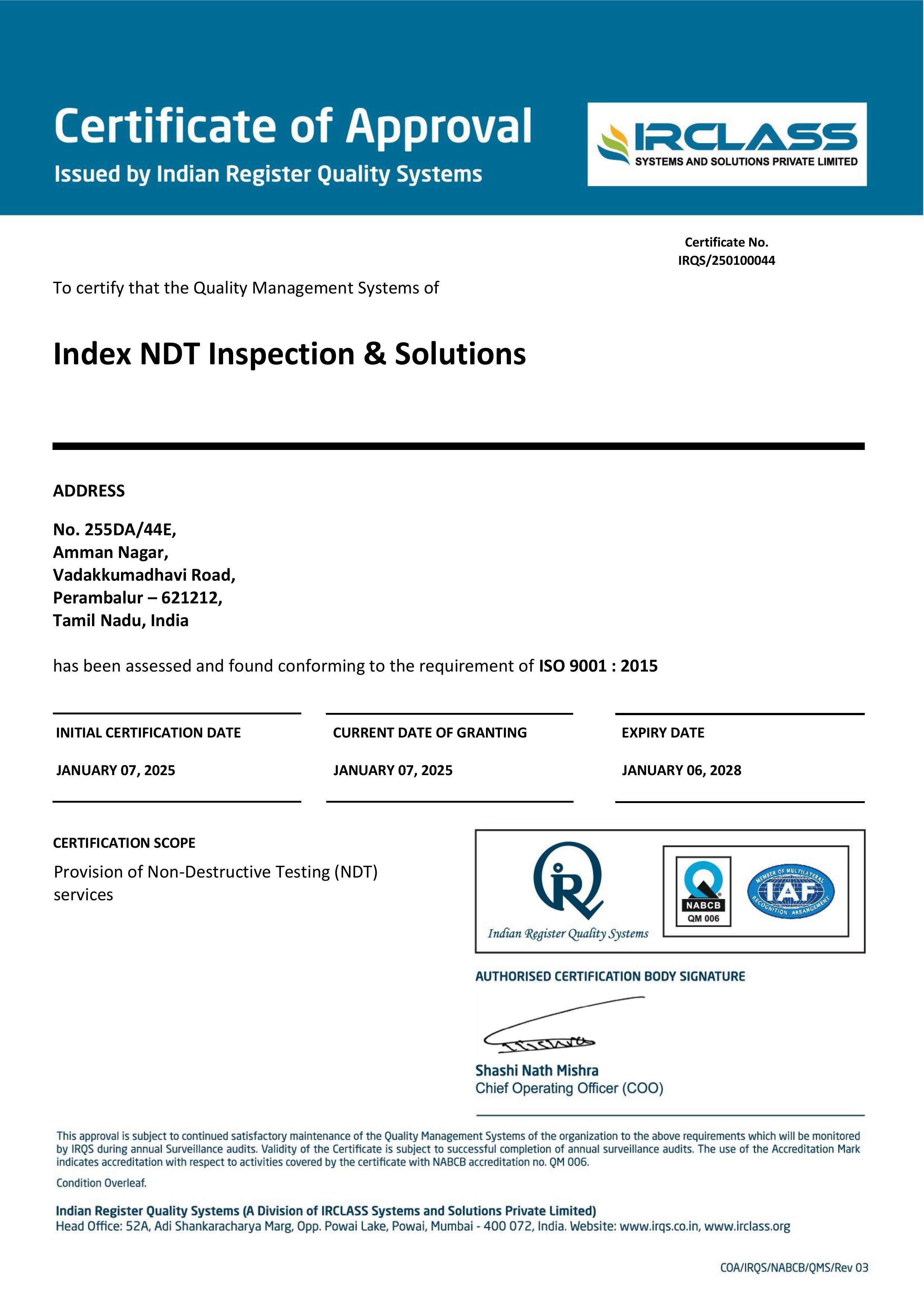 INDEX NDT TRAINING INSPECTION & SOLUTION ,Quality Assurance Specialist ISO 9001 : 2015